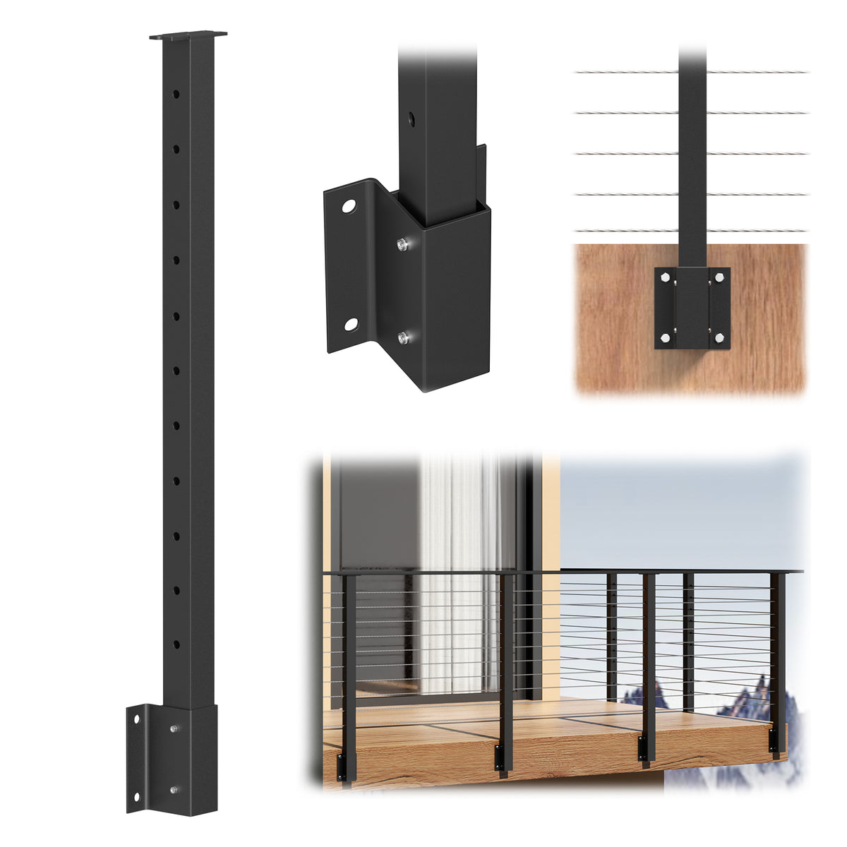 BLIKA 36" Level Drilled Side Mount Post with Bracket for Cable Railing