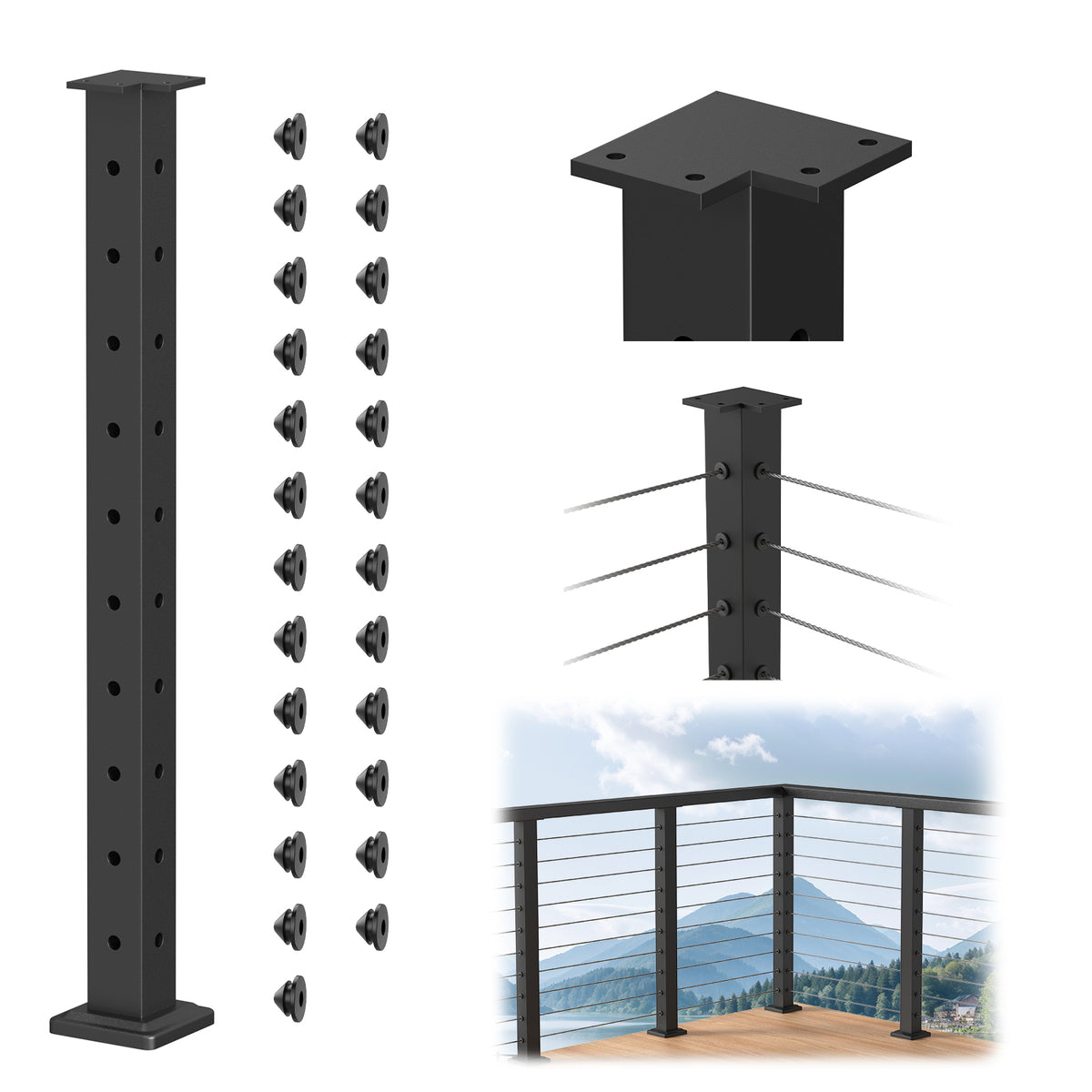 BLIKA 36" Level Drilled Cable Railing Corner Post — Blika