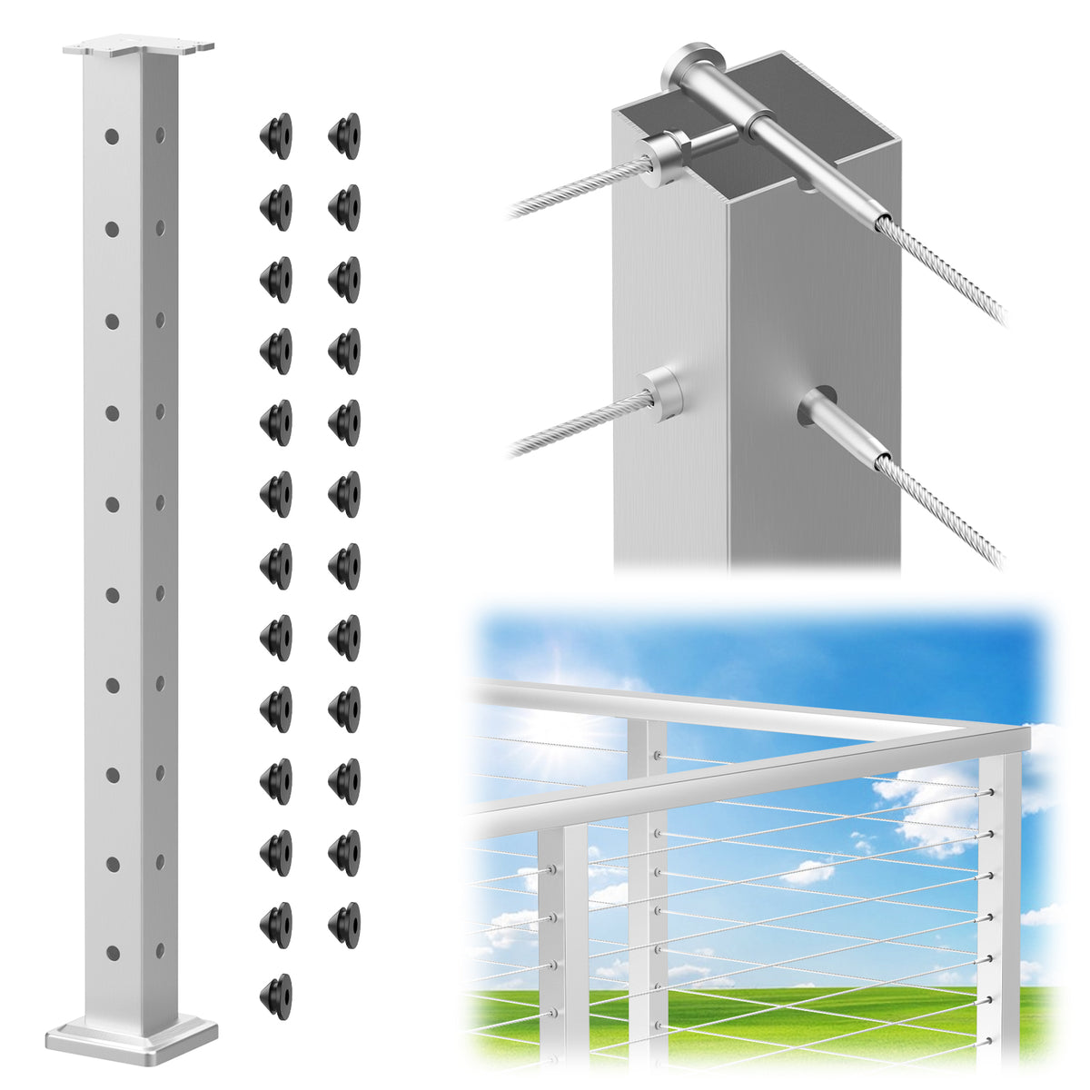 BLIKA 36" Brushed Stainless Steel Cable Railing Corner Post | Level Drilled