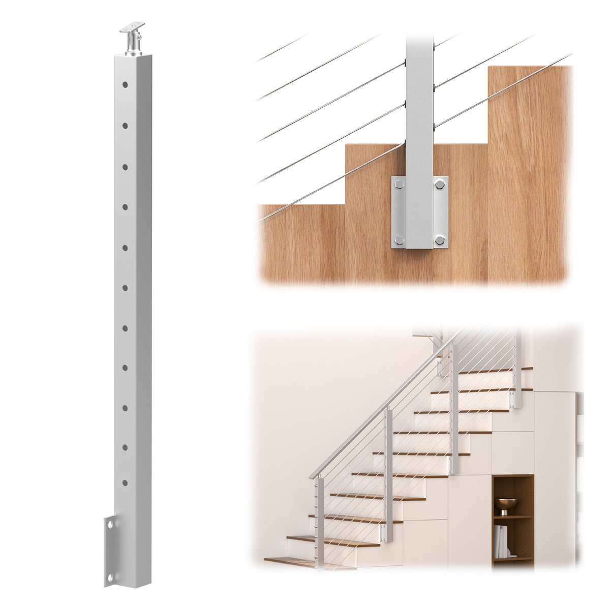 BLIKA 36" Side Mount Cable Railing Post | Brushed Stainless Steel Angle ...