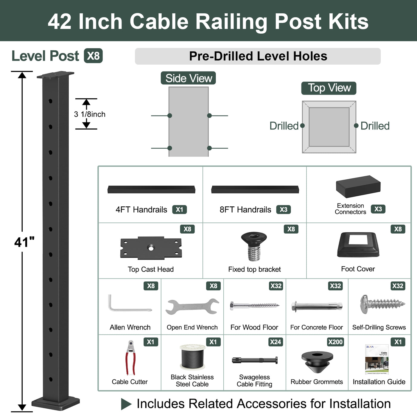 BLIKA 36'' & 42'' Black Surface Mount Cable Railing System DIY Kit (4F