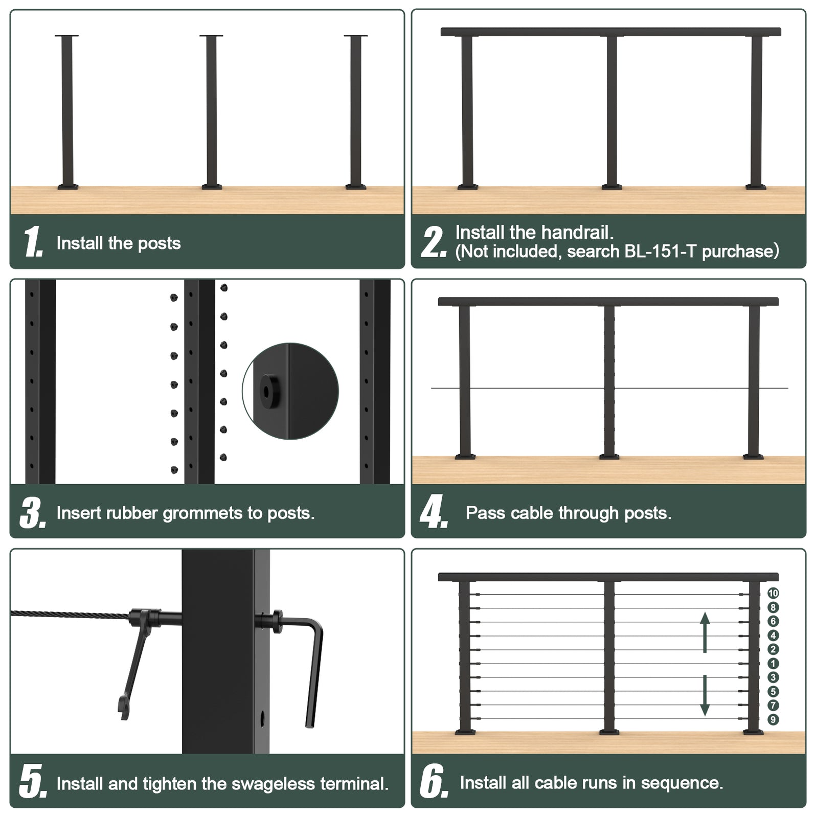 BLIKA 36'' & 42'' Black Surface Mount Cable Railing System DIY Kit (4F