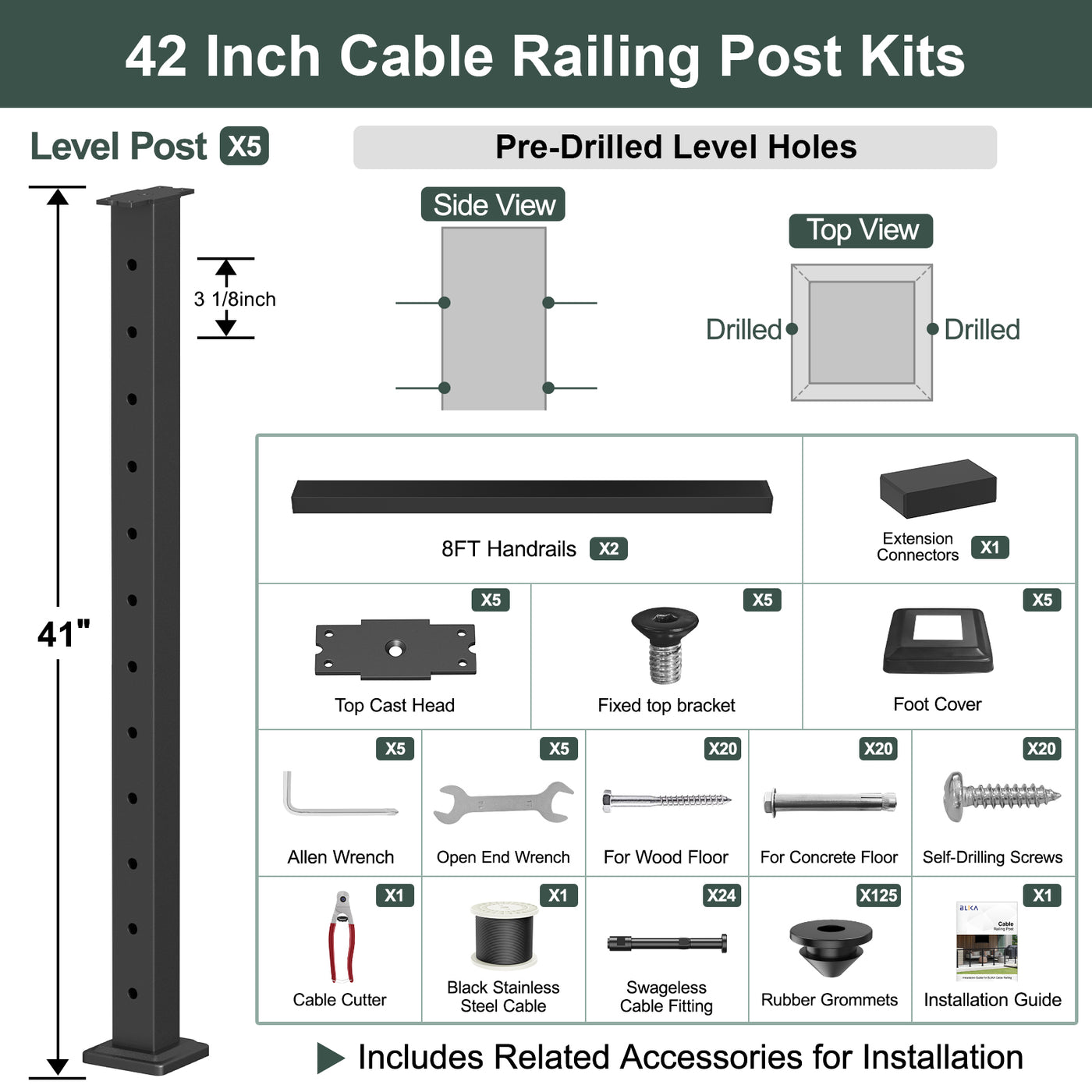 BLIKA 36'' & 42'' Black Surface Mount Cable Railing System DIY Kit (4F