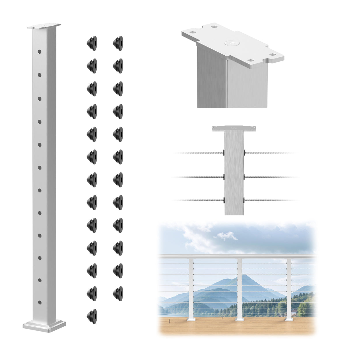 BLIKA 42" Brushed Stainless Steel Pre-Drilled Cable Railing Post for L