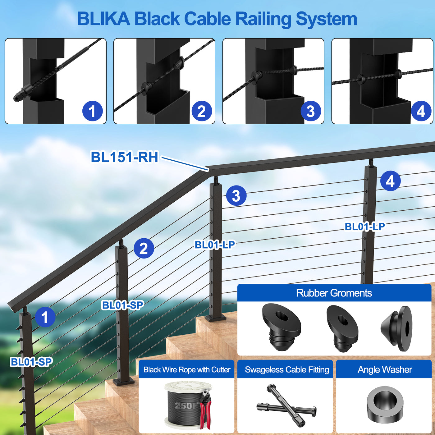 BLIKA Stainless Steel Black Cable Railing Handrails